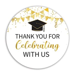 2" gold graduation thank you stickers, 50 congrats grad party round favor sticker labels.