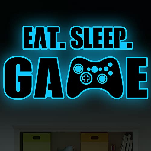 Eat Sleep Game Wall Decal Glow in The Dark Gamer Boy Wall Stickers Vinyl Video Game Room Decor Gaming Controller Wall Decals for Boys Bedroom Kids Girls Men Playroom Game Wall Decor… (Large Size, Sky blue)