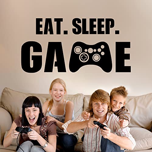 Eat Sleep Game Wall Decal Glow in The Dark Gamer Boy Wall Stickers Vinyl Video Game Room Decor Gaming Controller Wall Decals for Boys Bedroom Kids Girls Men Playroom Game Wall Decor… (Large Size, Sky blue)