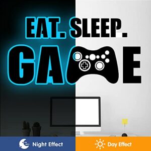 Eat Sleep Game Wall Decal Glow in The Dark Gamer Boy Wall Stickers Vinyl Video Game Room Decor Gaming Controller Wall Decals for Boys Bedroom Kids Girls Men Playroom Game Wall Decor… (Large Size, Sky blue)