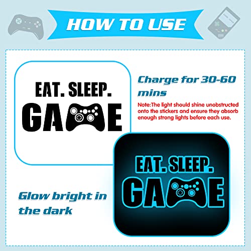 Eat Sleep Game Wall Decal Glow in The Dark Gamer Boy Wall Stickers Vinyl Video Game Room Decor Gaming Controller Wall Decals for Boys Bedroom Kids Girls Men Playroom Game Wall Decor… (Large Size, Sky blue)