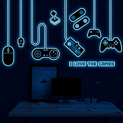 Gaming Wall Decals Glow in The Dark Wall Decals Video Game Zone Wall Stickers Removable Gaming Room Wall Decor Peel and Stick for Boys Kids Bedroom Playroom… (Large Size-Blue)