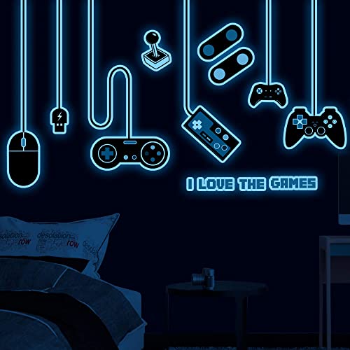 Gaming Wall Decals Glow in The Dark Wall Decals Video Game Zone Wall Stickers Removable Gaming Room Wall Decor Peel and Stick for Boys Kids Bedroom Playroom… (Large Size-Blue)