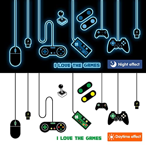 Gaming Wall Decals Glow in The Dark Wall Decals Video Game Zone Wall Stickers Removable Gaming Room Wall Decor Peel and Stick for Boys Kids Bedroom Playroom… (Large Size-Blue)