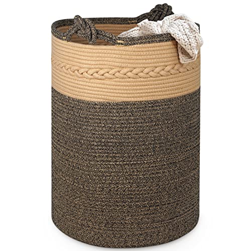 Cotton Rope Laundry Basket, 16" x 22" Tall Blanket Basket with Handles, 72L Large Storage Basket for Yoga Mat, Laundry Hamper for Living Room, Nursery Room(Camel)