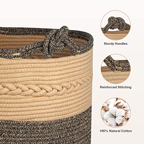 Cotton Rope Laundry Basket, 16" x 22" Tall Blanket Basket with Handles, 72L Large Storage Basket for Yoga Mat, Laundry Hamper for Living Room, Nursery Room(Camel)