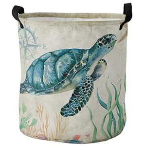 marine animals freestanding laundry basket with handles, collapsible waterproof large laundry hamper for baby nursery kids room dorm storage, ocean theme sea turtle starfish