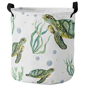 sea turtle freestanding laundry basket with handles, collapsible waterproof large laundry hamper for baby nursery kids room dorm storage, underwater world ocean animal aquatic plant