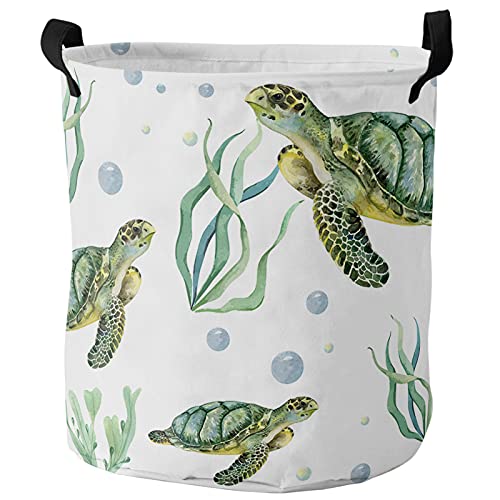 Sea Turtle Freestanding Laundry Basket with Handles, Collapsible Waterproof Large Laundry Hamper for Baby Nursery Kids Room Dorm Storage, Underwater World Ocean Animal Aquatic Plant