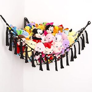 makeonewo stuffed animal toy hammock hanging- macrame toy hammock with tassels-stuff animals organizer storage boho large corner plush toys net holder for nursery, play room, kids bedroom (black), 1 pack