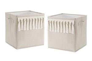 sweet jojo designs boho bohemian foldable fabric storage cube bins boxes organizer toys kid baby children - set of 2 - solid taupe beige ivory cream off white linen farmhouse shabby chic modern tassel