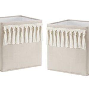 Sweet Jojo Designs Boho Bohemian Foldable Fabric Storage Cube Bins Boxes Organizer Toys Kid Baby Children - Set of 2 - Solid Taupe Beige Ivory Cream Off White Linen Farmhouse Shabby Chic Modern Tassel