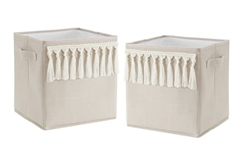 Sweet Jojo Designs Boho Bohemian Foldable Fabric Storage Cube Bins Boxes Organizer Toys Kid Baby Children - Set of 2 - Solid Taupe Beige Ivory Cream Off White Linen Farmhouse Shabby Chic Modern Tassel