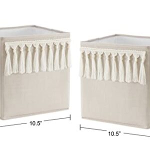 Sweet Jojo Designs Boho Bohemian Foldable Fabric Storage Cube Bins Boxes Organizer Toys Kid Baby Children - Set of 2 - Solid Taupe Beige Ivory Cream Off White Linen Farmhouse Shabby Chic Modern Tassel