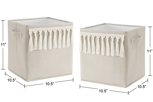 Sweet Jojo Designs Boho Bohemian Foldable Fabric Storage Cube Bins Boxes Organizer Toys Kid Baby Children - Set of 2 - Solid Taupe Beige Ivory Cream Off White Linen Farmhouse Shabby Chic Modern Tassel