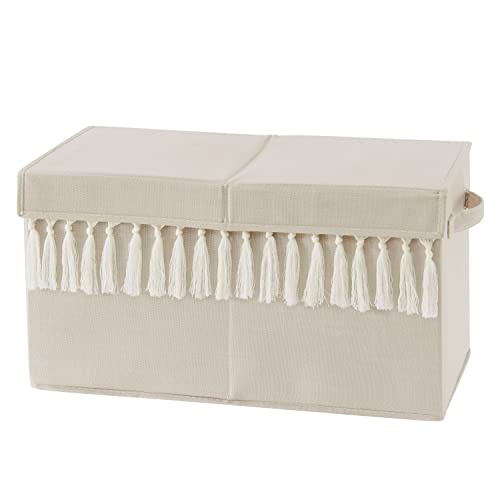 Sweet Jojo Designs Boho Bohemian Boy Girl Small Fabric Toy Bin Storage Box Chest For Baby Nursery Kids Room - Solid Taupe Beige Ivory Cream Off White Linen Farmhouse Shabby Chic Modern Tassel Neutral