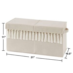 Sweet Jojo Designs Boho Bohemian Boy Girl Small Fabric Toy Bin Storage Box Chest For Baby Nursery Kids Room - Solid Taupe Beige Ivory Cream Off White Linen Farmhouse Shabby Chic Modern Tassel Neutral