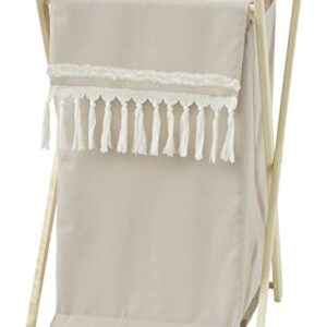 Sweet Jojo Designs Boho Bohemian Baby Kid Clothes Laundry Hamper - Solid Taupe Beige Ivory Cream Off White Linen Farmhouse Shabby Chic Designer Modern Minimalist Tassel Macrame Cotton Neutral Unisex