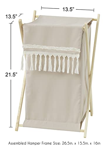 Sweet Jojo Designs Boho Bohemian Baby Kid Clothes Laundry Hamper - Solid Taupe Beige Ivory Cream Off White Linen Farmhouse Shabby Chic Designer Modern Minimalist Tassel Macrame Cotton Neutral Unisex