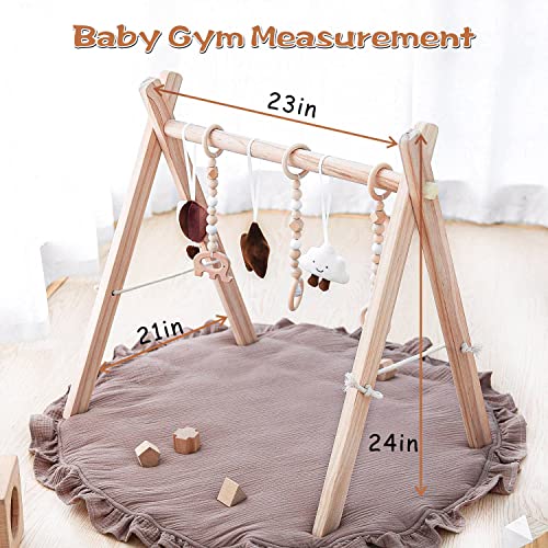 Razee Wooden Baby Play Gym Play Mat, Baby Gym with 6 Hanging Sensory Toys Foldable Baby Gym