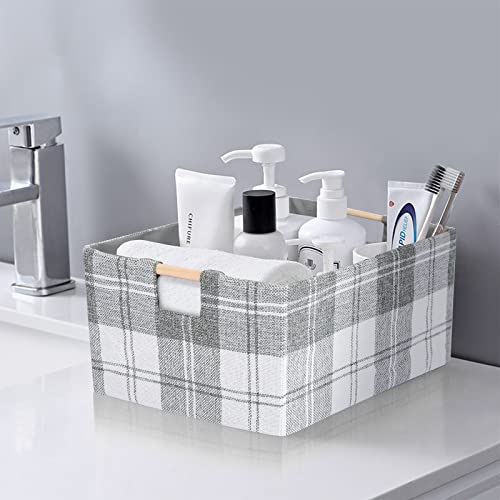 ANMINY 2PCS Storage Bins Set Foldable Cotton Linen Open Storage Baskets Box with Wood Handles Decorative Nursery Baby Kid Toy Clothes Towel Laundry Organizer Container - Small, Light Gray Plaid