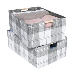 anminy 2pcs storage bins set foldable cotton linen open storage baskets box with wood handles decorative nursery baby kid toy clothes towel laundry organizer container - small, light gray plaid