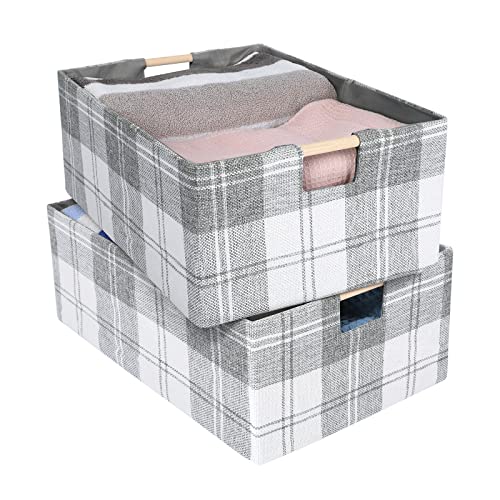 ANMINY 2PCS Storage Bins Set Foldable Cotton Linen Open Storage Baskets Box with Wood Handles Decorative Nursery Baby Kid Toy Clothes Towel Laundry Organizer Container - Small, Light Gray Plaid