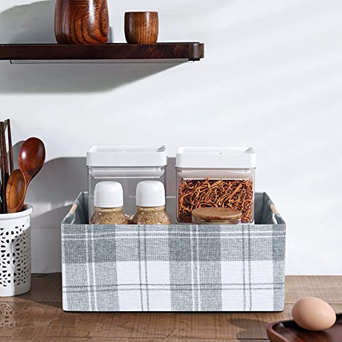 ANMINY 2PCS Storage Bins Set Foldable Cotton Linen Open Storage Baskets Box with Wood Handles Decorative Nursery Baby Kid Toy Clothes Towel Laundry Organizer Container - Small, Light Gray Plaid