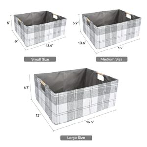 ANMINY 2PCS Storage Bins Set Foldable Cotton Linen Open Storage Baskets Box with Wood Handles Decorative Nursery Baby Kid Toy Clothes Towel Laundry Organizer Container - Small, Light Gray Plaid