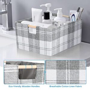 ANMINY 2PCS Storage Bins Set Foldable Cotton Linen Open Storage Baskets Box with Wood Handles Decorative Nursery Baby Kid Toy Clothes Towel Laundry Organizer Container - Small, Light Gray Plaid