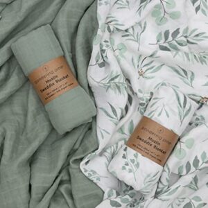 Organic Baby Muslin Swaddle Blankets for Boy or Girl - Eucalyptus Leaves and Sage Swaddle Blanket 2 Pack - Soft Organic Cotton and Natural Bamboo Muslin, XLarge and Breathable, Boho Baby, 47" X 47"