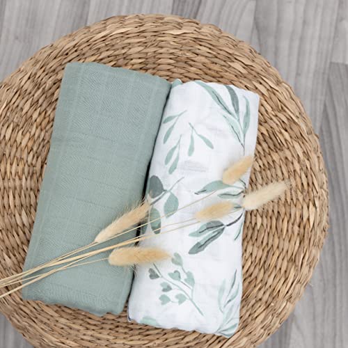 Organic Baby Muslin Swaddle Blankets for Boy or Girl - Eucalyptus Leaves and Sage Swaddle Blanket 2 Pack - Soft Organic Cotton and Natural Bamboo Muslin, XLarge and Breathable, Boho Baby, 47" X 47"