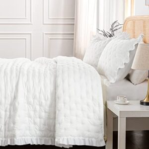 hiaruo 3-piece queen quilt set - soft warm ultrasonic reversible pleated ruffled coverlet bedspread set (90 x 90 inch) with 2 pillow sham (20 x 26 inch), white