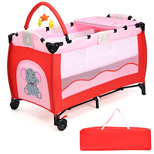 BABY JOY 4 in 1 Pack and Play, Portable Baby Playard with Bassinet, Changing Table w/Safety Belt, Zippered Door, Hanging Toys, Baby Pink Bassinet & Cribs Activity Center from Newborn to Toddler (Pink)