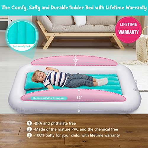 USHMA Toddler Travel Bed, Portable Toddler Bed for Kids | Toddler Air Mattress | Inflatable Travel Toddler Bed | Portable Toddler Bed for Travel | Set Includes Pump, Case, Pillow-Mint Green & Pink