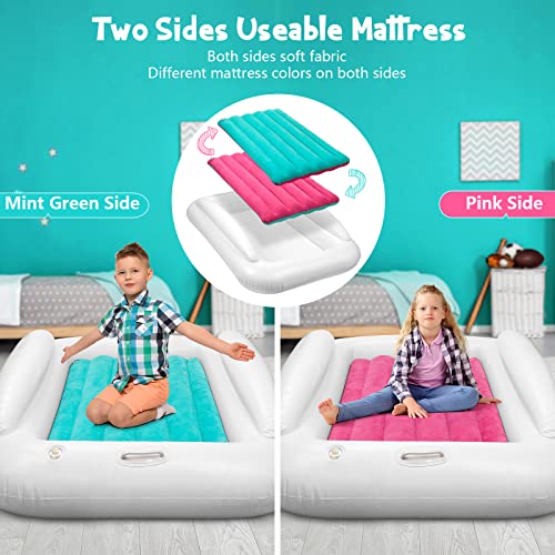 USHMA Toddler Travel Bed, Portable Toddler Bed for Kids | Toddler Air Mattress | Inflatable Travel Toddler Bed | Portable Toddler Bed for Travel | Set Includes Pump, Case, Pillow-Mint Green & Pink