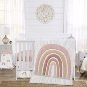 sweet jojo designs boho rainbow baby girl nursery crib bedding set - 4 pieces - blush pink dusty rose gold yellow mauve taupe beige tan bohemian stars sun celestial vintage sky macrame tassel fringe