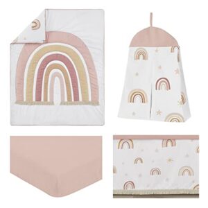 Sweet Jojo Designs Boho Rainbow Baby Girl Nursery Crib Bedding Set - 4 Pieces - Blush Pink Dusty Rose Gold Yellow Mauve Taupe Beige Tan Bohemian Stars Sun Celestial Vintage Sky Macrame Tassel Fringe