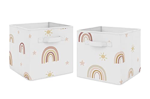 Sweet Jojo Designs Boho Rainbow Foldable Fabric Storage Cube Bins Boxes Organizer Toys Kid Baby Children - Set of 2 - Blush Pink Dusty Rose Gold Yellow Mauve Taupe Beige Bohemian Stars Sun Celestial