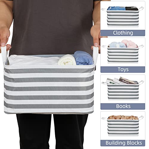 WLFRHD Storage Bin Fabric Storage Basket with Handles 15x10.5x8.5 inches Waterproof Collapsible Storage Basket for Baby Toy Foldable Clothes Basket(Gray and White Stripes,Large 2-Pack)