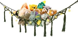 stuffed animal net or hammock jumbo - with warm white led string star lights, wall hooks- stuffed animal hammock - squishmallow net - corner net for stuffed animals for wall - (x-large - army green)