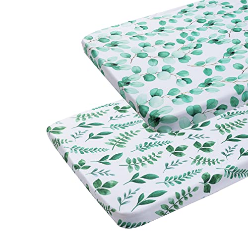 Pack n Play Sheets 2 Pack for Baby Unisex, Stretchy Jersey Knitted Portable Mini Crib Sheets Playard Mattress Cover for Baby Boys and Girls, Watercolor Green Botanical Leaf