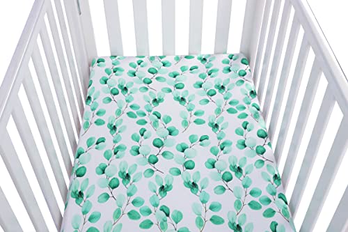 Pack n Play Sheets 2 Pack for Baby Unisex, Stretchy Jersey Knitted Portable Mini Crib Sheets Playard Mattress Cover for Baby Boys and Girls, Watercolor Green Botanical Leaf