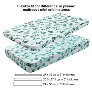 Pack n Play Sheets 2 Pack for Baby Unisex, Stretchy Jersey Knitted Portable Mini Crib Sheets Playard Mattress Cover for Baby Boys and Girls, Watercolor Green Botanical Leaf