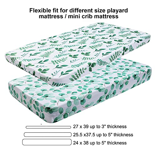 Pack n Play Sheets 2 Pack for Baby Unisex, Stretchy Jersey Knitted Portable Mini Crib Sheets Playard Mattress Cover for Baby Boys and Girls, Watercolor Green Botanical Leaf