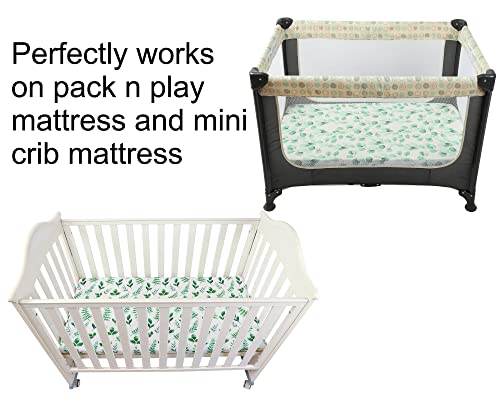 Pack n Play Sheets 2 Pack for Baby Unisex, Stretchy Jersey Knitted Portable Mini Crib Sheets Playard Mattress Cover for Baby Boys and Girls, Watercolor Green Botanical Leaf