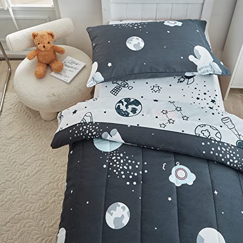 4 Pieces Toddler Bedding Set Space Theme for Baby Boys, Astronaut Planet Rocket Print on Black, Includes Comforter, Flat Sheet, Fitted Sheet and Pillowcase