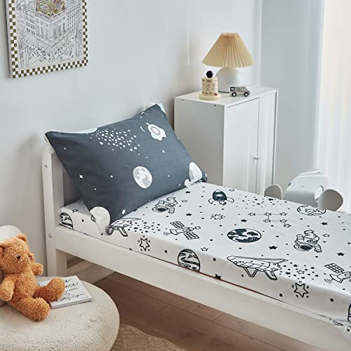 4 Pieces Toddler Bedding Set Space Theme for Baby Boys, Astronaut Planet Rocket Print on Black, Includes Comforter, Flat Sheet, Fitted Sheet and Pillowcase