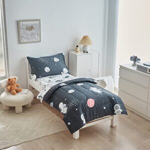 4 Pieces Toddler Bedding Set Space Theme for Baby Boys, Astronaut Planet Rocket Print on Black, Includes Comforter, Flat Sheet, Fitted Sheet and Pillowcase