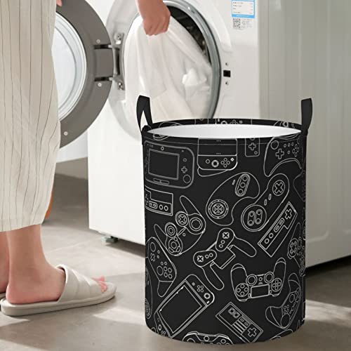 Gbuzozie 38L Round Laundry Hamper Video Game Controller Background Storage Basket Waterproof Coating Gaming Gadgets Organizer Bin For Nursery Clothes Toys